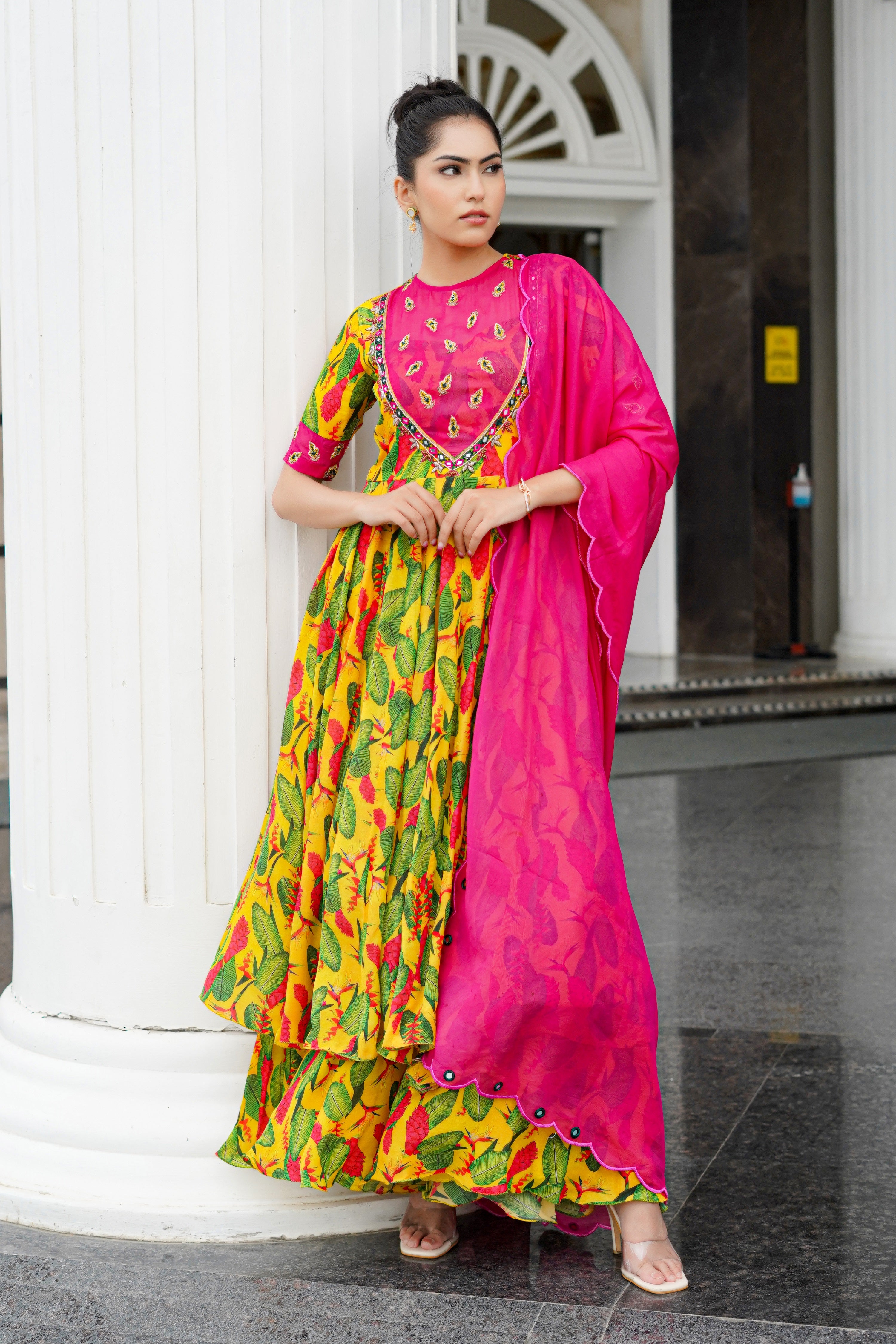 YELLOW GINGER FLOWER YOKE ANARKALI SET (SET OF 4) – ahiclothing
